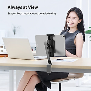 BEWISER iPad Desk Mount, Tablet Holder for Desk or Bed,Rotate 360 Degrees of Flexible, Height and Angle Adjustable, Aluminium Alloy Arm Clamp Mount Compatible with4.7-15.6" Screen (Space Gray)