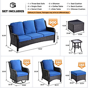 ovios Outdoor Furniture Set 10 Pieces Patio Conversation Set Rocking Swivel Chairs All Weather Rattan Wicker Sofa Couch for Backyard Porch Deck, Brown Wicker, Navy Blue