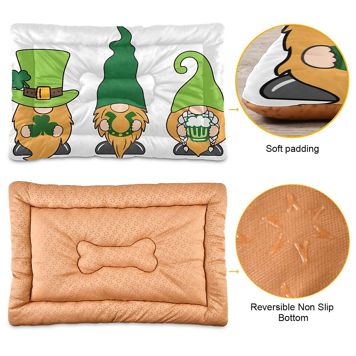 YETTASBIN St. Patrick's Day Gnome Crate Pet Bed, Portable Washable Dog Cat Mat, Soft Comfortable Pet Mattress with Non-Slip Bottom for Dogs Cats Sleeping, 36 x 24 Inch