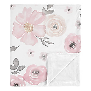 Sweet Jojo Designs Shabby Chic Rose Flower Watercolor Floral Baby Girl Receiving Security Swaddle Blanket for Newborn or Toddler Nursery Car Seat Stroller Soft Minky - Blush Pink, Grey and White