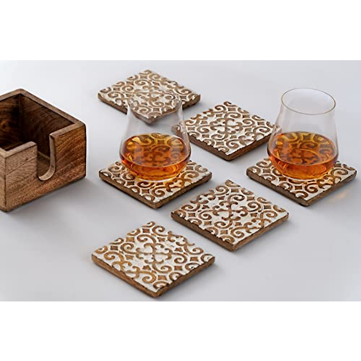 FIGTREE - Set of 6 Wooden Coasters for Drinks Absorbent with Holder, Coasters for Coffee Table Protection, Coffee Table Decor, Perfect House Warming Gift, Swirl