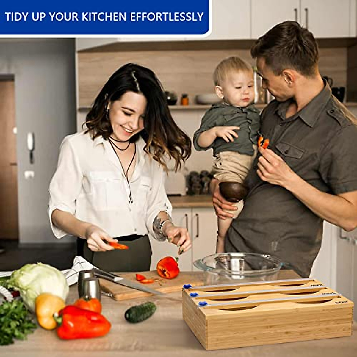 Bamboo Foil and Plastic Wrap Organizer, 3 In 1 Plastic Wrap Foil and Wax Paper Dispenser With Cutter, Aluminum Foil Organization and Storage for Kitchen Drawer, Sturdy & Reusable Fits 12" Roll