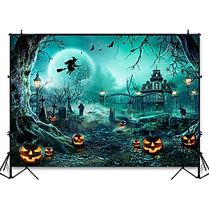 Avezano Halloween Photography Backdrop Full Moon Scary Night Castle Pumpkins Party Background Spooky Witch Bats Cemetery Child Kids Halloween Party Decorations Photoshoot Backdrops (7x5ft, Green)