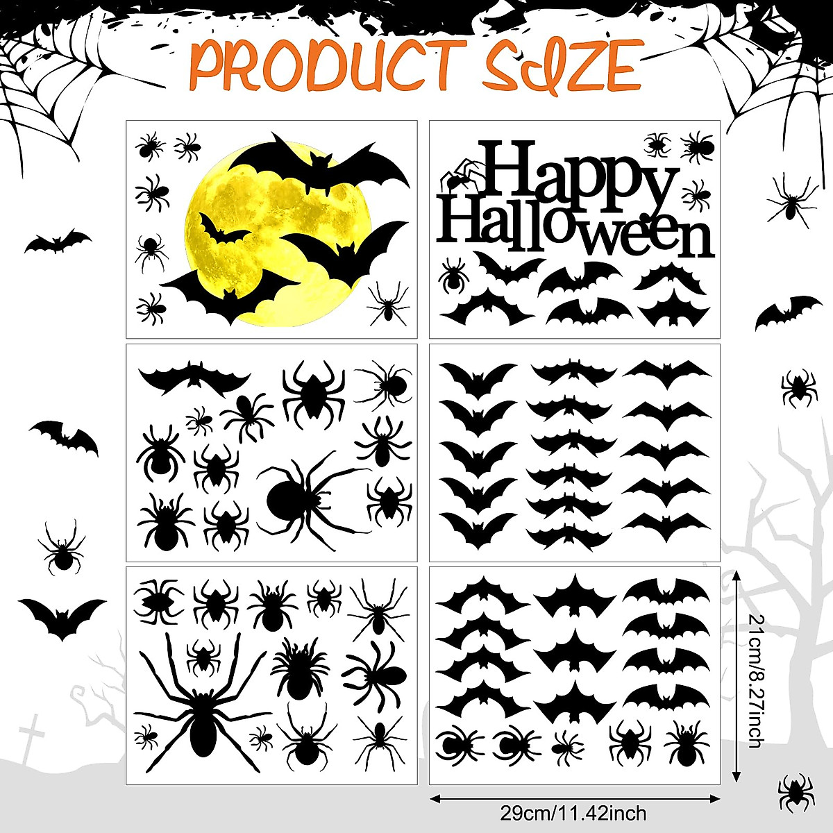 Qeeenar 76 Pcs Halloween Moon Wall Decal Halloween Bat Wall Stickers Vinyl Bat Wall Decals Halloween Removable Halloween Spiders Wall Sticker Halloween Bats Wall Decals Party Decorations, 6 Sheets