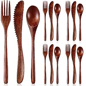 Wooden Spoon Fork Knife Cutlery Set Wooden Dinner Utensil Set Kitchen Wooden Flatware Tableware Cutlery Set Includes Wooden Spoon, Fork, Knife (12 Pieces)