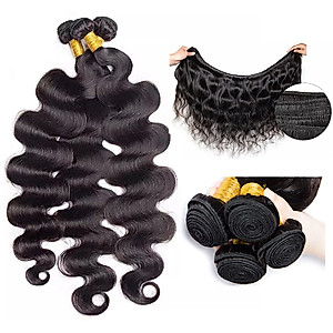 Mrladgo 26 28 30 Inch Human Hair Bundles Body Wave 3 Bundles 100% Unprocessed Brazilian Hair Weave Bundles Body Wave Human Hair Bundles Natural Black Color 300G