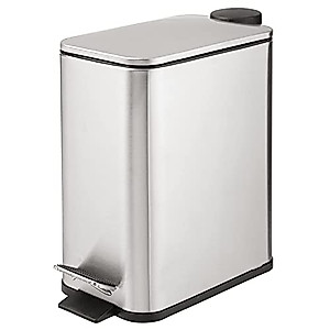 mDesign Slim Metal Rectangle 1.3 Gallon/5 Liter Trash Can with Step Pedal, Easy-Close Lid, Removable Liner - Narrow Wastebasket Garbage Container Bin for Bathroom, Bedroom - Brushed Stainless Steel