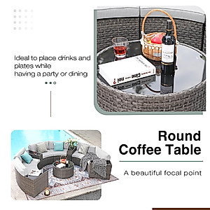 SUNSITT Outdoor Patio Furniture 11-Piece Half-Moon Sectional Round Patio Furniture Set Curved Outdoor Sofa with Tempered Glass Round Coffee Table, 4 Pillows, Grey Rattan & Light Grey Cushion