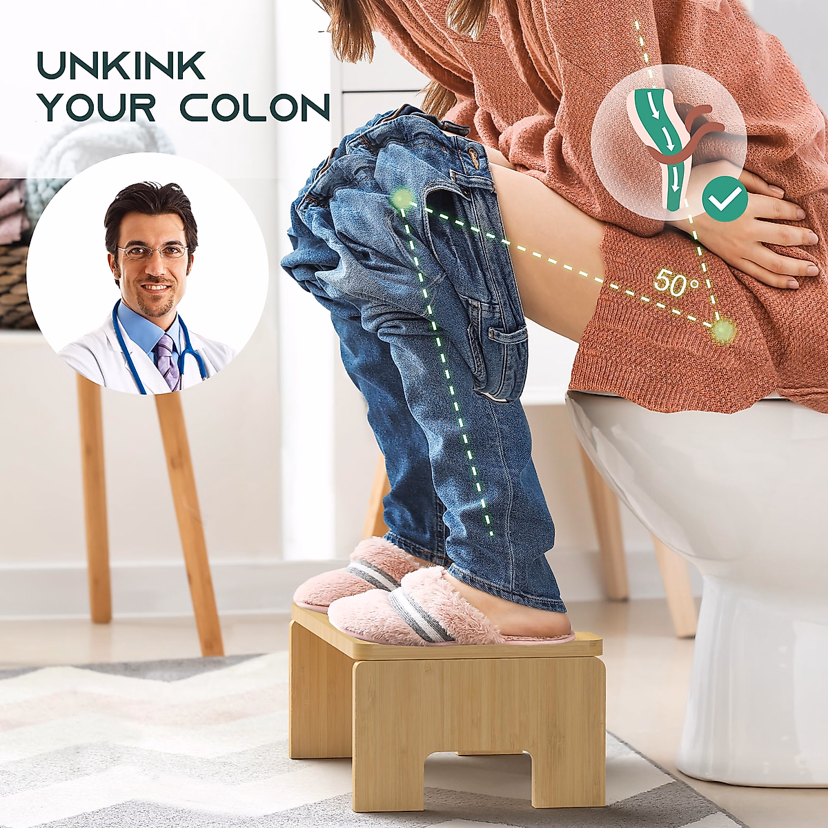 BEKVEM Bamboo Foldable Toilet Stool, 7" & 9" Adjustable Heights Squat, Poop Stool for Bathroom Adults Kids to Improve Bathroom Posture and Comfort, Potty Stool with Non-Slip Layer, 400 lbs Capacity