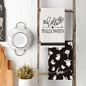 Artoid Mode Buffalo Plaid Ghosts Boo Bats Let's Hang Out Hello Halloween Kitchen Towels Dish Towels, 18x26 Inch Seasonal Decor Hand Towels Set of 4