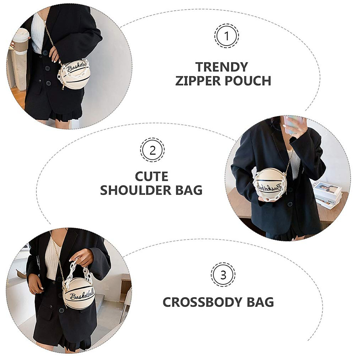 Basketball Shape Handbags Fashion PU Round Purse Tote Shoulder Bag Adjustable Strap Messenger Bag for Women Girls