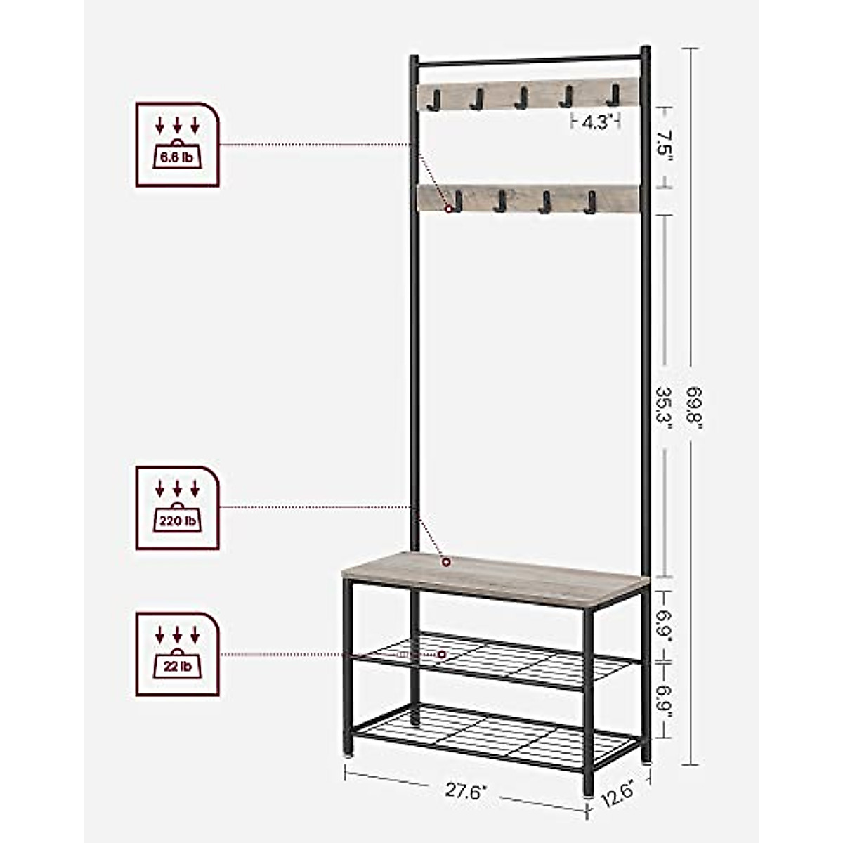 VASAGLE Coat Rack, Hall Tree with Shoe Storage Bench, Entryway Bench with Shoe Storage, 3-in-1, Steel Frame, for Entryway, 12.6 x 27.6 x 69.8 Inches, Industrial, Greige and Black UHSR41MB