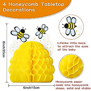 Honey Bee Party Decorations, Bee Baby Centerpieces Honeycomb Decorations with Bee Sunflower Stickers for Bee Themed Party Baby Shower Birthday Table Party Decoration (4 Sets)