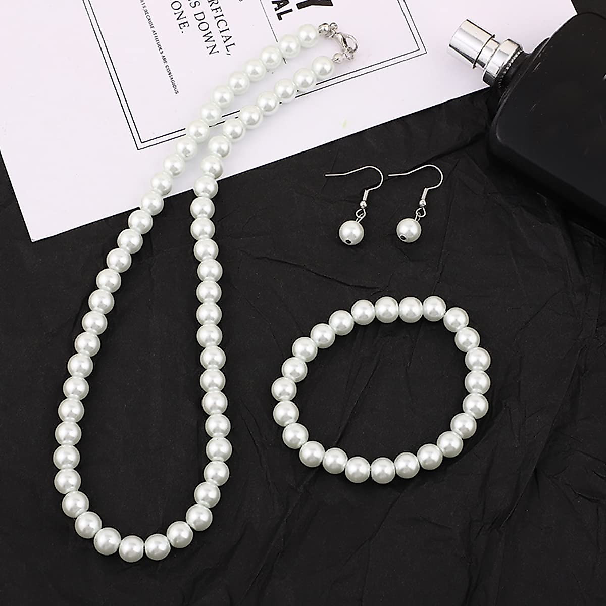 GRAZIOSO Faux Pearl Necklace Set for Women Girls, 8mm Pearl Earrings Bracelet 3 pcs Pearl Jewelry, Birthday Christmas Gift for Brides Mom Wife Sister Best Friend, Gift Box (B)