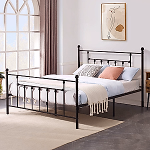 VECELO Full Size Metal Platform Bed Frame with Headboard and Footboard, Heavy Duty Slat Support/No Box Spring Needed Mattress Foundation/Underbed Storage Space, Victorian Style