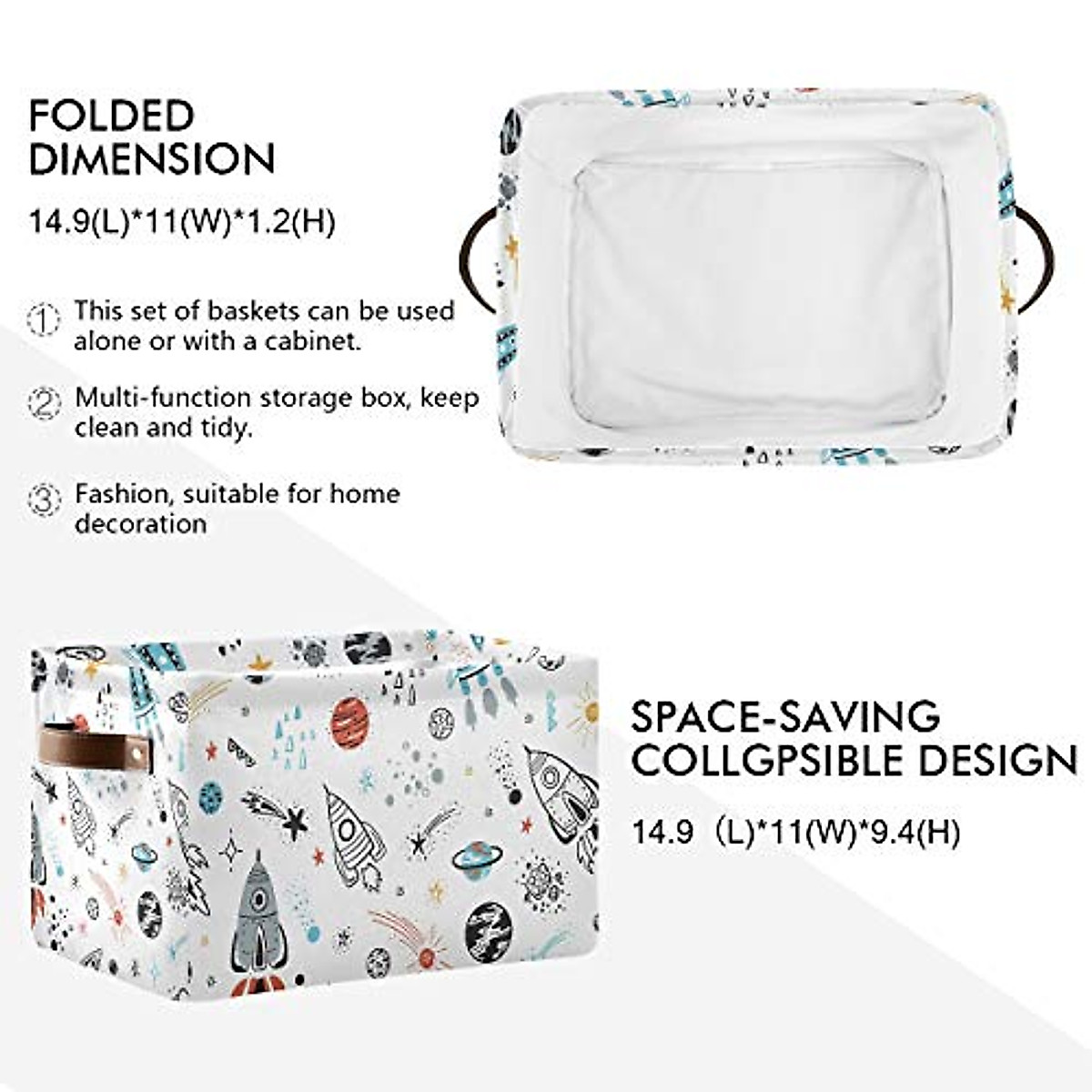 Storage Basket Cube Large Collapsible Toys Storage Box Bin Laundry Organizer for Closet Shelf Nursery Kids Bedroom,15x11x9.5 in (1 pack, Space Rocket Planet)