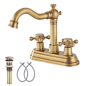 Bathroom Faucet Antique Brass GGStudy 2 Handles 4 Inches Centerset RV Bathroom Vanity Faucet with Drain Assembly and Supply Hose Lavatory Faucet Mixer Double Handle Tap