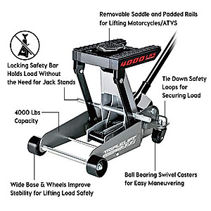 Powerbuilt 2 Ton Triple Lift Floor Jack, Lifts Cars, Trucks, Motorcycles, ATV's, Transmissions, Tie-Down Loops, Locking Safety Bar - 620422E