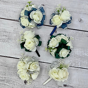 Ansuma Ivory Rose Flower Wrist Corsage Boutonniere Set Bridesmaid Wrist Corsage Bracelet & Groom and Best Man Boutonniere for Wedding Flowers Accessories Prom Suit Decorations (Navy Blue)