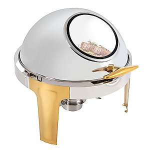 Roll Top Chafing Dish Buffet Set Gold Accent, Buffet Servers and Warmers Set Warming Tray, 6.3 Quart Round Stainless Steel with Glass Window for Wedding/Parties/Banquet & Events