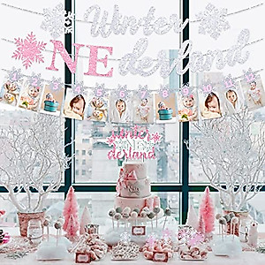 Winter Onederland Birthday Party Decorations Girl Pink Wonderland Snowflake 1st Birthday Party Supplies with Snowflake Photo Banner Winter Onederland Banner Cake Topper