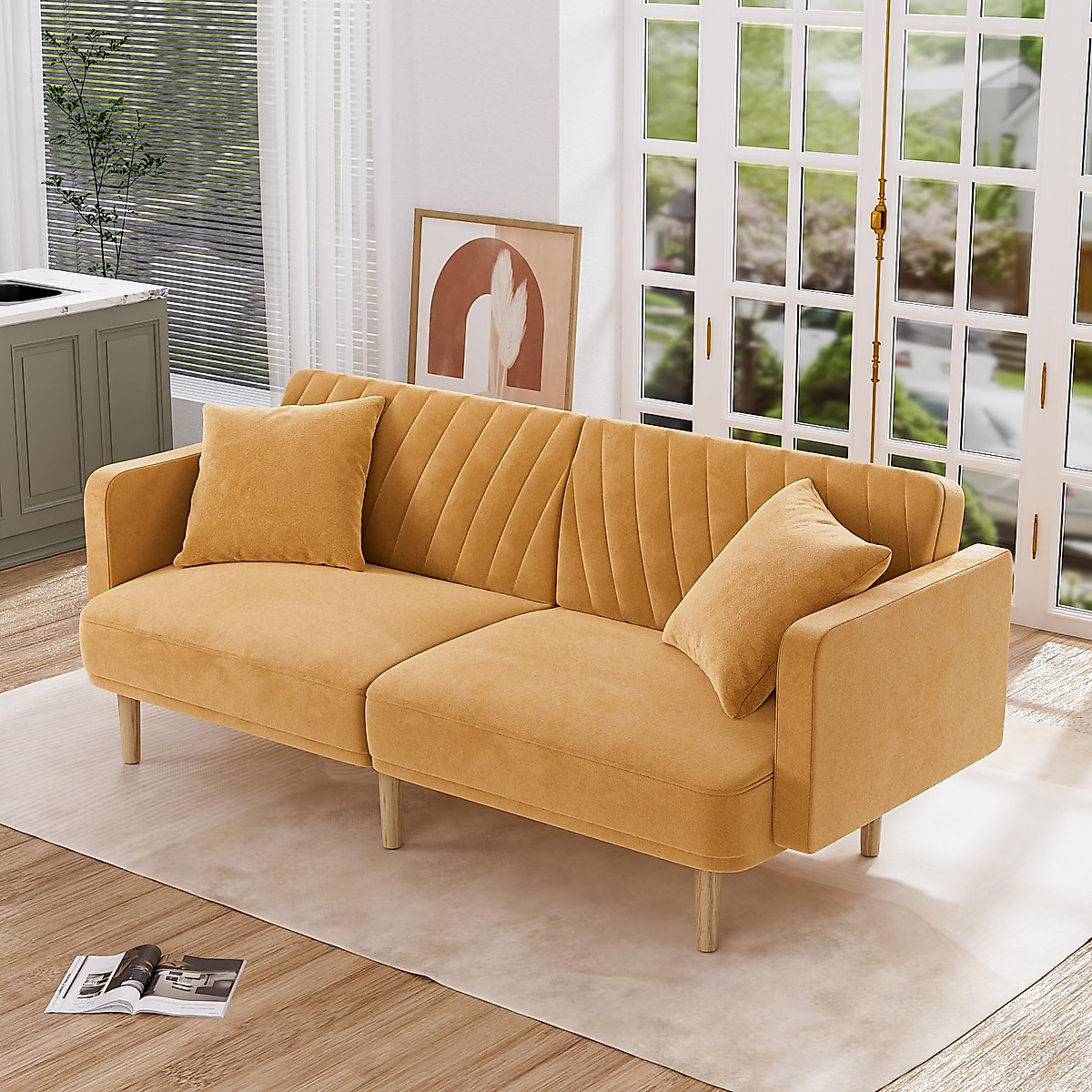 Nolohoo Futon Sofa Bed, Modern Small Couch, 75" Comfy Sleeper Loveseat with 2 Pillows, Velvet Fabric Convertible Sofa Cama Couches for Living Room, Apartment, Mustard Yellow