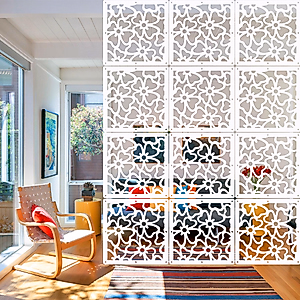 Lucky Monet 12Pcs Hanging Room Divider Panels Decorative Room Separator White Wall Partition Privacy Screen Indoor for Bedroom Dining Hotel Restaurant - White Flower