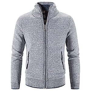 Men Full Zip Up Cardigan Sweaters Slim Fit Flannel Lining Knitted Cardigans Zipper Thick Casual Knit Sweater Coat (Light Grey,3X-Large)