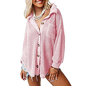 Dokotoo Women's Long Sleeve V Neck Waffle Knit Shacket - Comfy Winter Button Down Jacket - Pink XXL