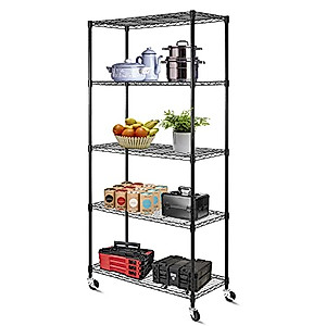 WDT 5-Shelf Shelving Storage Units on Wheels Casters, Adjustable Heavy Duty Metal Shelf Wire Storage Rack for Home Office Garage Kitchen Bathroom Metal Rack (16”Wx36”Dx75”H), Black