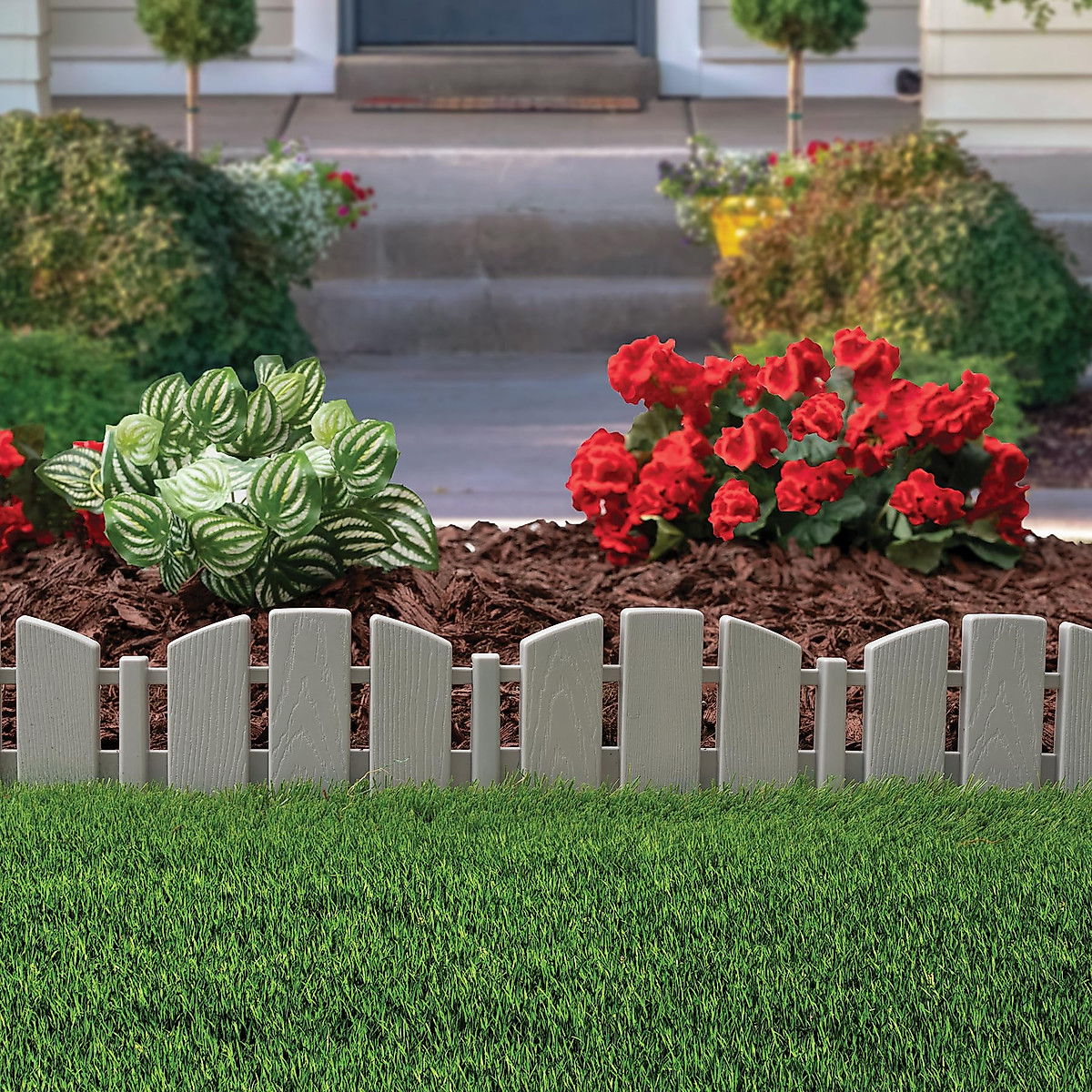 EasyFlex No-Dig Landscape Edging with Anchoring Spikes, 4.5 in. Tall Decorative Adirondack Wood-Look Fence Garden Border, 60 Foot Kit, Gray