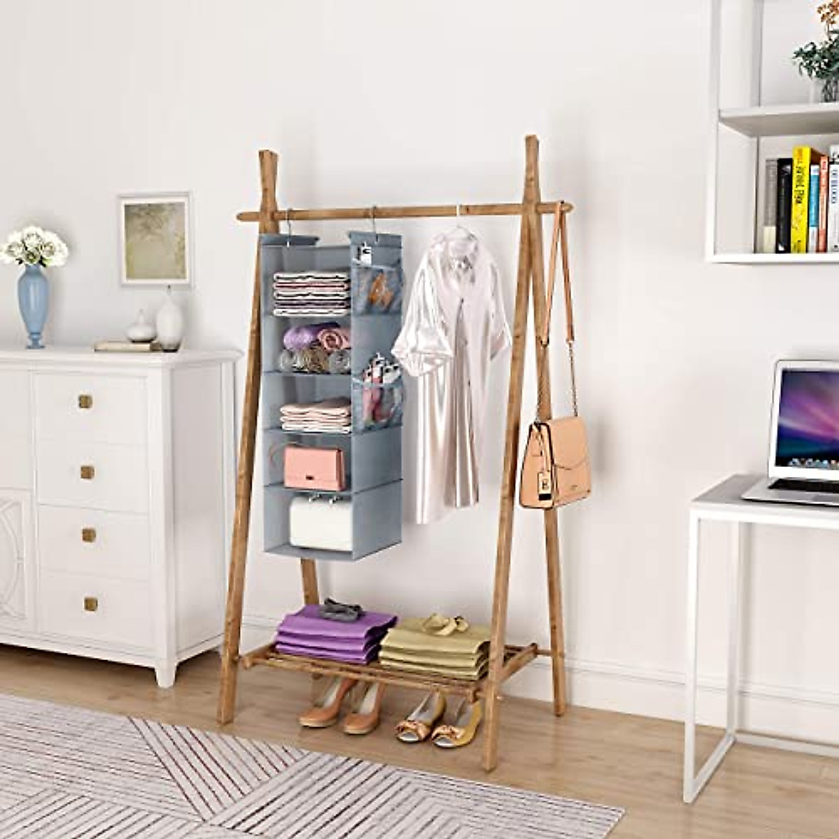 MAX Houser 5 Shelf Hanging Closet Organizer,Space Saver, Closet Hanging Shelves with (4) Side Pockets,Foldable,Light Grey