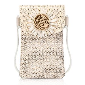 Soleebee Boho One Shoulder Crossbody Phone Bag Small Shoulder Bag Mini Wallet for Women Storage Bag Woven Leather Trim Phone Bag Compatible with Multiple Phone Sizes, Beige daisies