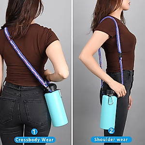 Wongeto Paracord Handle with Shoulder Strap,Compatible with Hydro Flask Wide Mouth Water Bottles 12oz - 64 oz（Not for The New Hydro Flask 2.0,Bottle Strap for Walking Hiking Camping(Blue&Red&White)