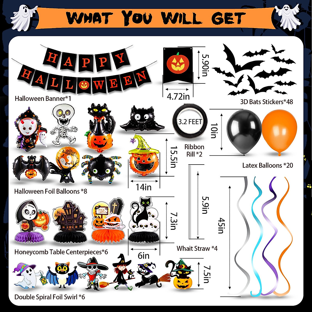 Halloween Party Favors Decorations Indoor-Halloween Party Decorations- Halloween Theme Party Toys Supplies - Halloween Party Banner Halloween Balloon, 3D Bat, Honeycomb Centerpiece