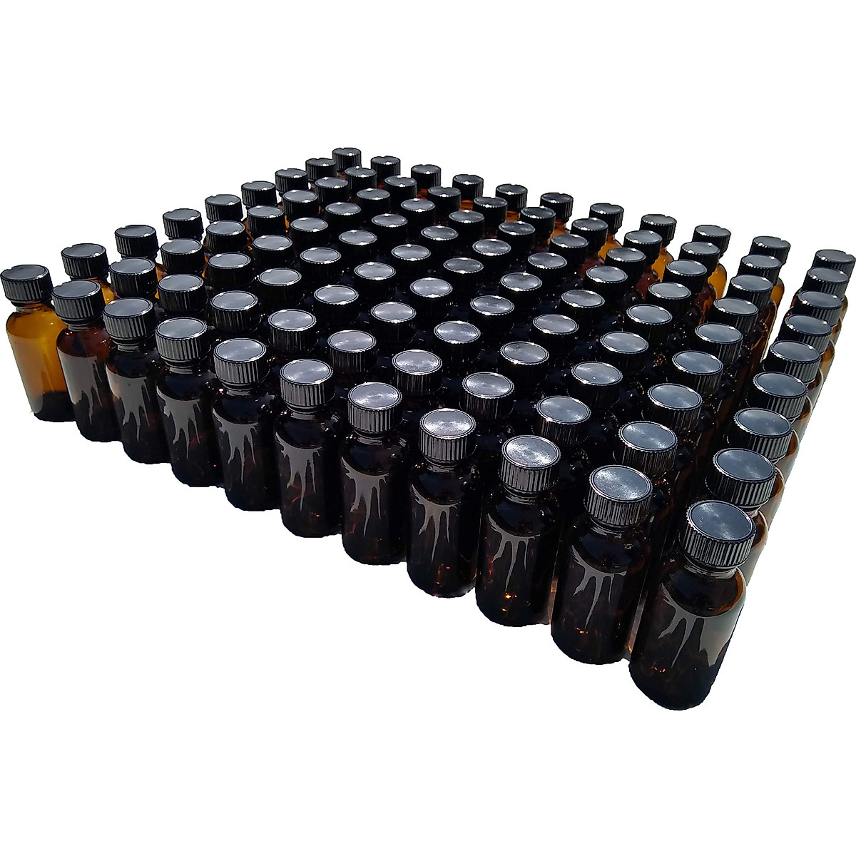 Dropper Stop® 1oz Amber Glass Boston Round Bottles (30mL) with Polycone Caps - Pack of 99