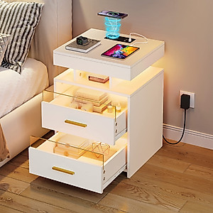 YITAHOME LED Nightstand with Wireless Charging Station, USB & Type-C Ports, Smart Night Stands with 2 Drawers for Bedroom, Modern Bedside Tables with Embedded LED Light Strip, Human Body Induction