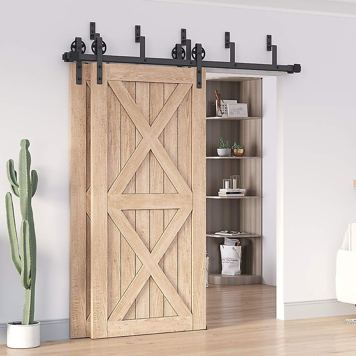 ZEKOO 5-18 FT Bypass Barn Door Hardware for Double Barn Door, Barn Door Track for Sliding Closet Door, Heavy Duty Double Bypass Barn Door Kit Big Black Spoke Hangers (6FT Bypass Double Door Kit)