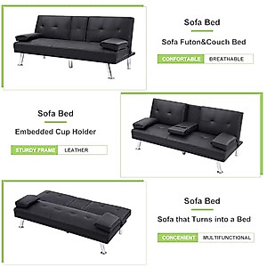 PAPAHUG Convertible Versatile Sleeper Folding Futon Bed,Adjustable Faux Leather Sofa Couch for Living Room,Metal Legs, 2 Cup Holders