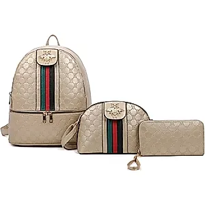 Queen Bee Stripe Embossed Monogram 3-in-1 Backpack Set (gold)