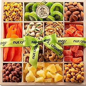Dried Fruit & Mixed Nuts Gift Basket in Reusable Wooden Tray + Ribbon (12 Assortments) Purim Mishloach Manot Gourmet Food Bouquet Arrangement Platter, Birthday Care Package, Healthy Kosher Snack Box