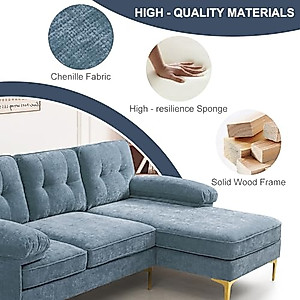 COCOLHOME L- Shaped Sectional Sofa 85" Convertible Modern Upholstered Couch Chenille Fabric with Reversible Chaise Detachable Washable Cover for Living Room, Apartment, Small Space (Light Blue)