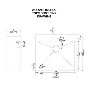 WHISTLER 25x22 inch Handmade Topmount Sink Drop-In 16 Gauge Stainless Steel Single Bowl Kitchen Sinks with 2 Holes for Faucet & Soap Dispenser, Basket Strainer,Bottom Grid and Kitchen Towel