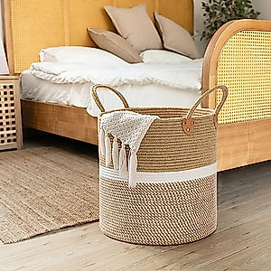 TIMEYARD Large Woven Baskets for Storage, 16'' x 16'' Blanket Storage for Living Room Toy Baskets Storage Kids, Big Laundry Basket for Dirty Clothes Pillows, White