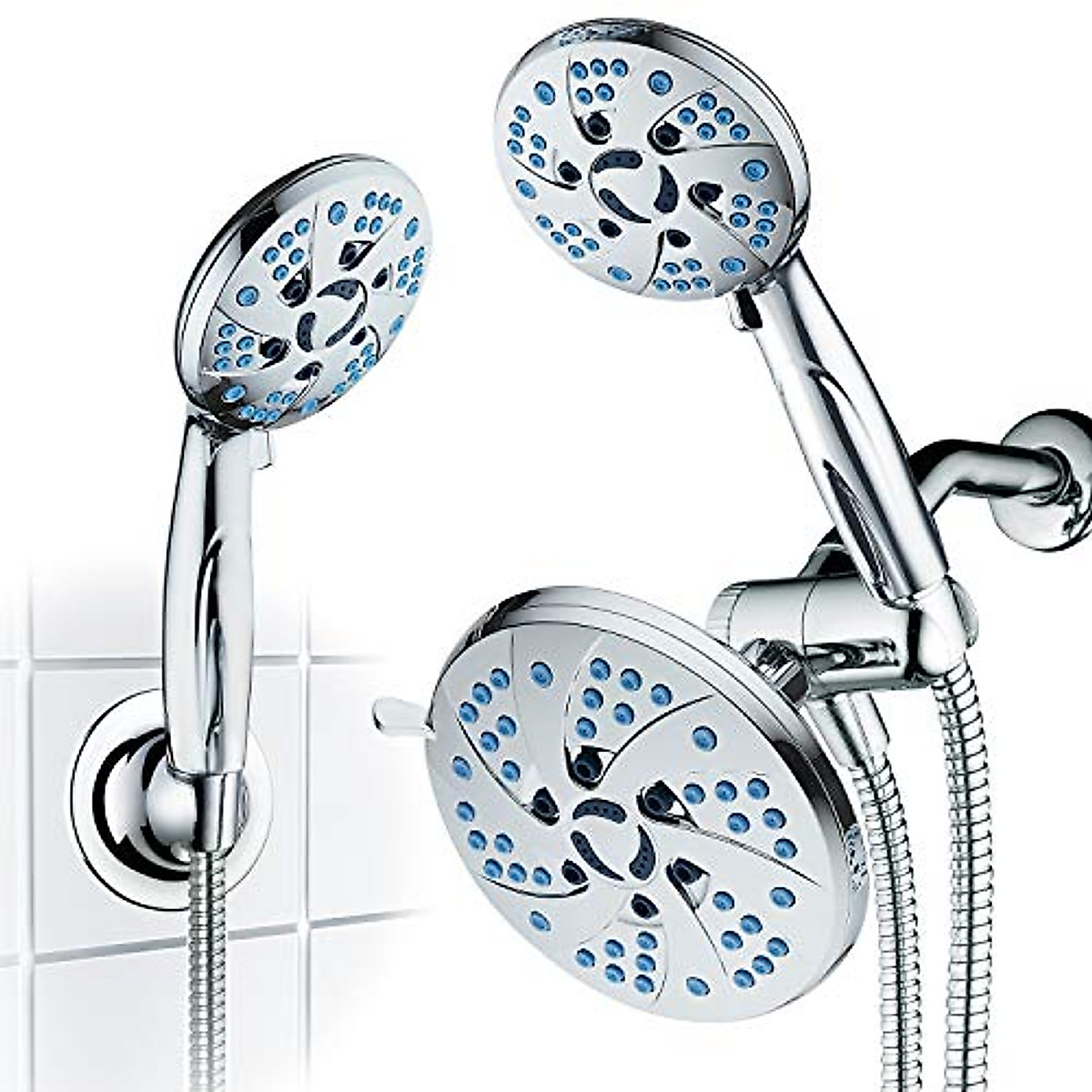 AquaCare Spa Station High Pressure 48-mode 3-way Rainfall & Handheld Shower Head Combo - Anti-Clog Nozzles, Extra-Long 6 ft Stainless Steel Hose, 2nd Wall Bracket/All Chrome Finish