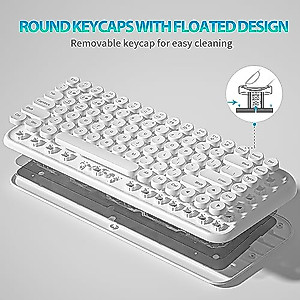 Wireless Bluetooth Keyboard, 2.4GHz Typewriter Retro Keyboard, 84 Keys Portable Office Computer Keyboard with 2xAA Batteries and Cute Floated Round Keycaps for Windows Android PC Laptop Mac iPad,White