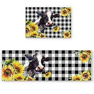 Beauty Decor 2 Piece Kitchen Mats Cushioned Kitchen Rug Farm Cow and Sunflower Black and White Buffalo Plaid Non Slip Thick Floor Comfort Mat Sets with Runner