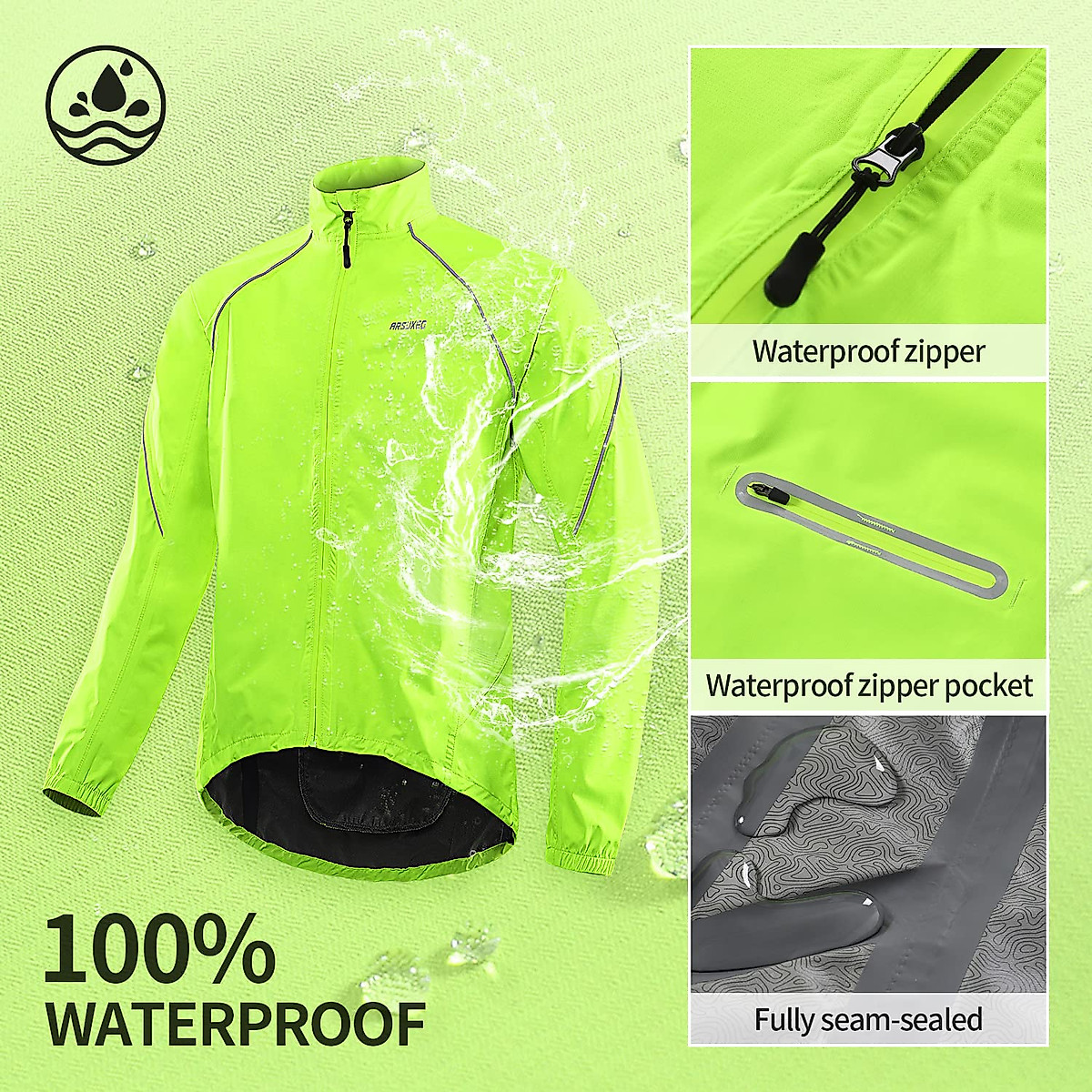 ARSUXEO Waterproof Running Cycling Jacket for Men Breathable Bike Rain Jacket Bicycle Coat Clothing Windbreaker Green Size Large
