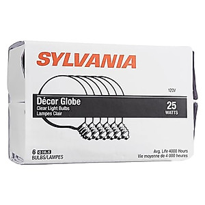 Sylvania Incandescent 25W G16.5 Decor Globe Light Bulb, E12 Candelabra Base, Clear Finish 2850K Warm White, 6 Pack