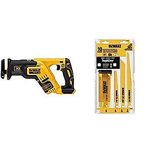 DEWALT DCS367B 20V Max XR Brushless Compact Reciprocating Saw, (Tool Only), with DEWALT DW4898 Bi-Metal Reciprocating Saw Blade Set with Case, 10-Piece